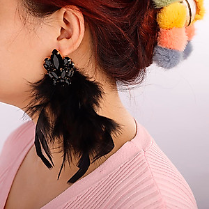 Denifery Long Feather Earrings Bohemian Earrings Multicolor Tassel Handmade Feather Earrings Dangling Earrings for Women and Girls (Black)