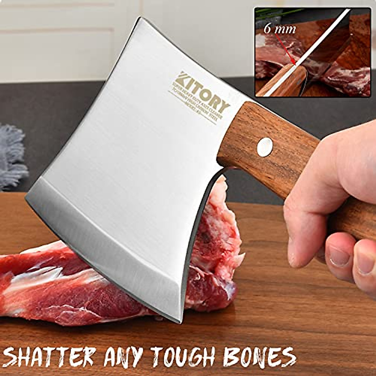Kitory Bone Cleaver Heavy Duty Meat Cleaver Axes Bone Cutting Chopping Knife Thick Forged Butcher Knife for Meat&Bone, Full Tang, Wooden Handle, Forged Chinese Chopper for Kitchen&Restaurant 2LB-K4