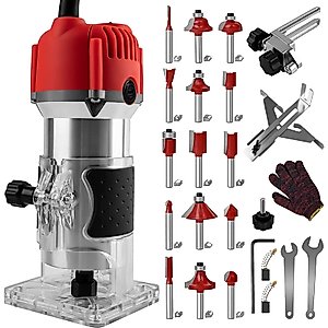 Compact Wood Router Tool 110V Electric Hand Woodworking Trimmer Palm Router kit with Gloves 15 PCS Router Bits (800W)