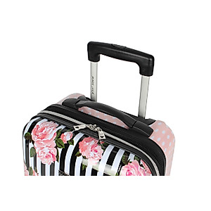 Betsey Johnson Designer Underseat Luggage Collection - 15 Inch Hardside Carry On Suitcase for Women- Lightweight Under Seat Bag with 2-Rolling Wheels (Stripe Roses)