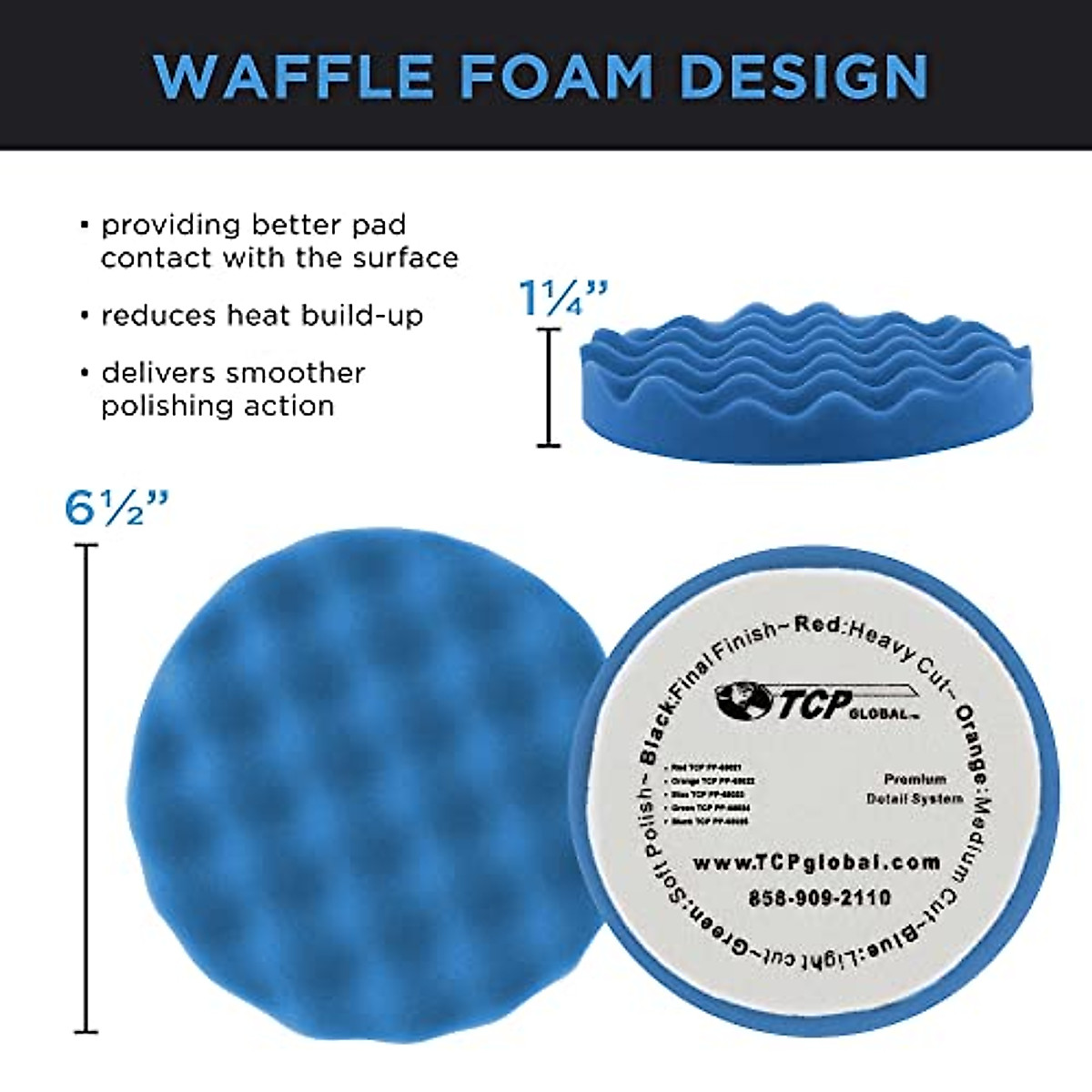 TCP Global 6.5" Waffle Foam and Wool Buffing & Polishing Set - 5 Waffle Foam Pads & 1 Natural Wool Pad - for Hook & Loop Backing