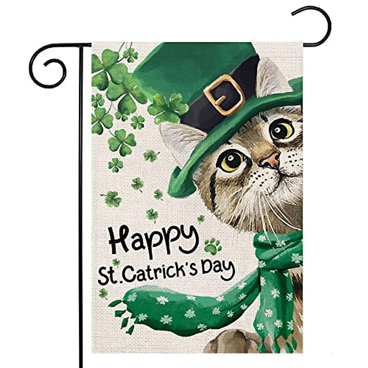 Happy St Patricks Day Garden Flag for Outdoor,Cat with Green Hat Scarf Shamrock Small Yard Flag,Spring Saint Patrick Decors for Outside Farmhouse Holiday 12x18 Double Sided