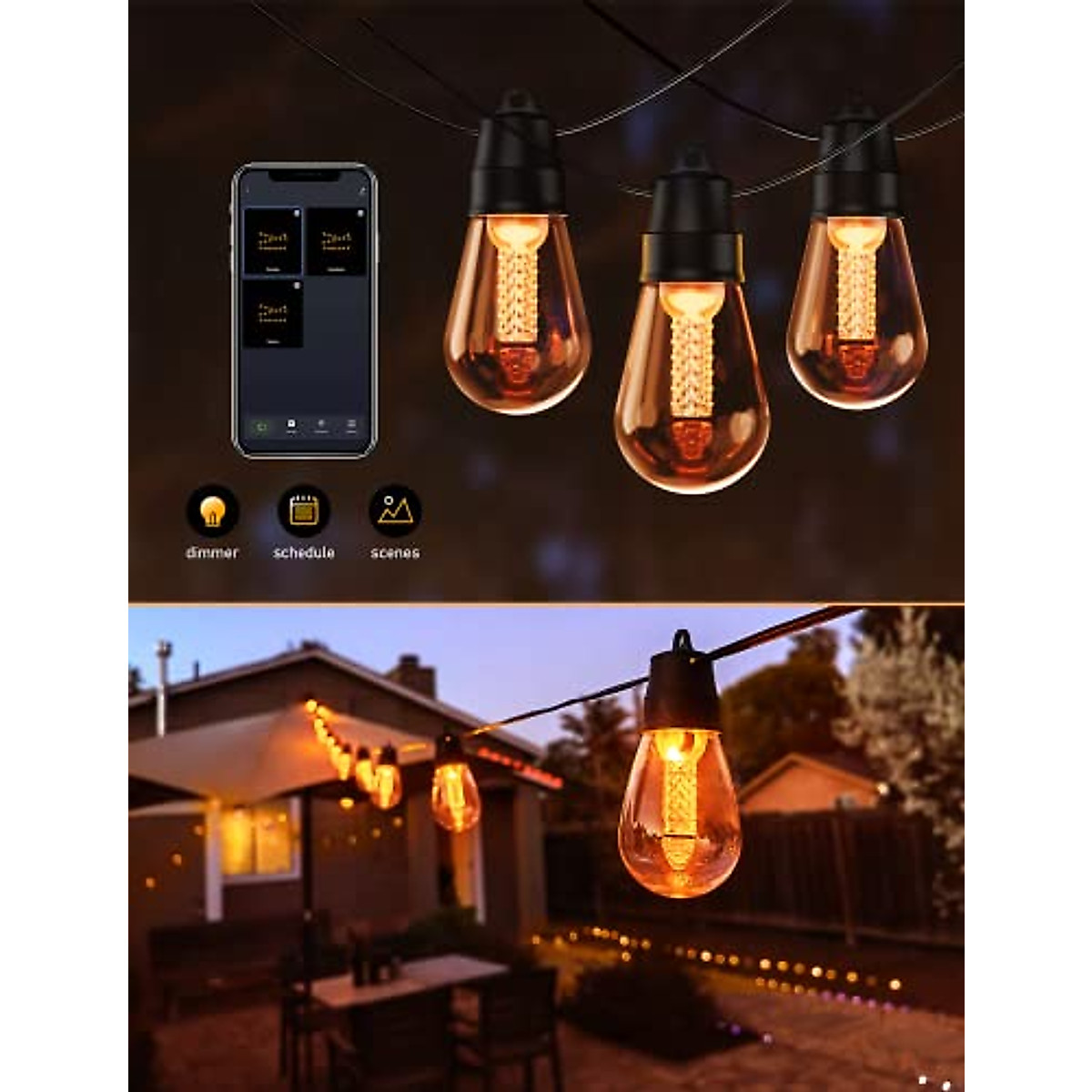 Outdoor String Lights with Dimmer - 100Ft Led Patio Lights App Control Commercial Grade Waterproof Outside Light with Timer 3 Modes 50 S14 Edison Vintage Shatterproof Bulbs for Bistro Garden Backyard