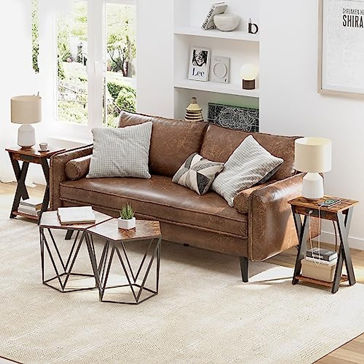 TUTOTAK End Table with Charging Station, X Shaped Side Table with USB Ports and Outlets, Nightstand, 2-Tier Storage Shelf, Sofa Table for Small Space, Brown TB01BB048