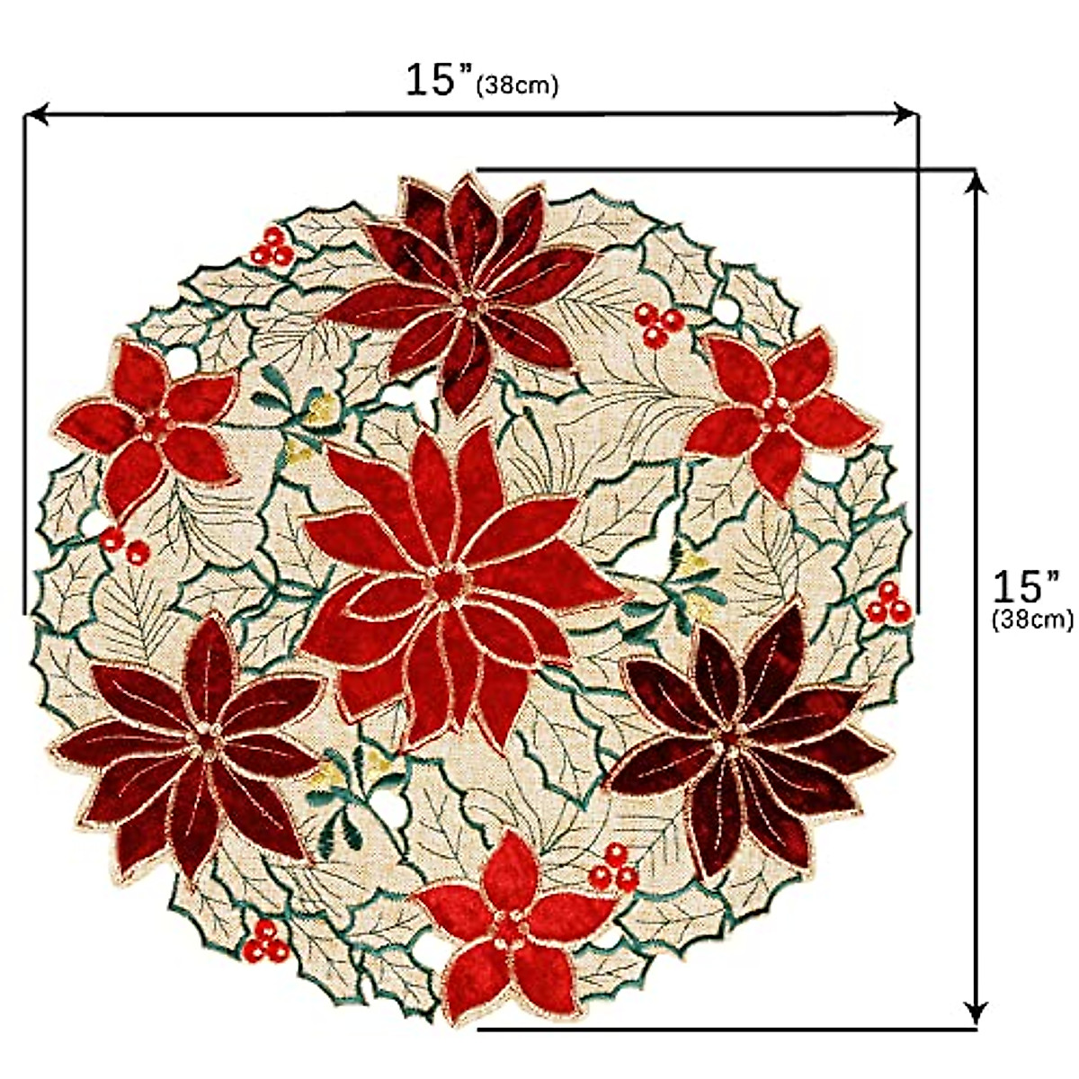 OWENIE Christmas Placemats Set of 4, Embroidered Applique Round Placemats Set of 4, Red Velvet Poinsettia Flower Linen Table Mats for Holiday Kitchen Dining Table Decorations (15 Inch)