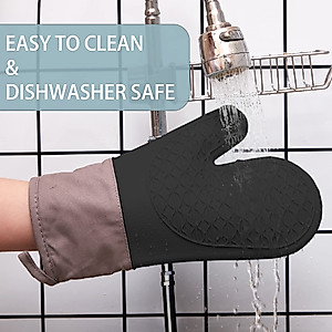 Silicone Oven Mitts Heat Resistant, Oven Mitts and Pot Holders Sets, Kitchen Mittens 5 Piece Set, Oven Gloves for Cooking,Baking,BBQ, Black Oven Mitts, Easy Clean