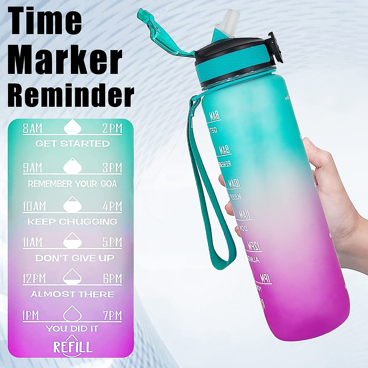 Myasrelae Water Bottle With Straw, 32 oz Water Bottles With Times to Drink,Leakproof BPA Free Bottle with Time Marker ，Ideal Gift for Gym Workouts and the Outdoors (A)
