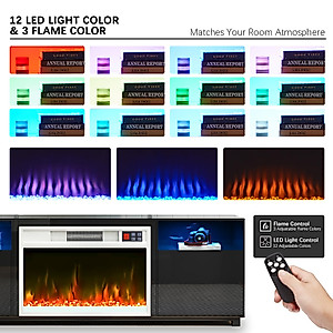 Avocahom Fireplace TV Stand for TVs up to 65”, LED Light Entertainment Center w/Black 23” Electric Fireplace, 2 Open Shelves & Storage Cabinet, Modern Wood Texture Console Table for Living Room, Black