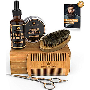 Naturenics Premium Beard Grooming Kit for Men - 100% Organic Unscented Beard Oil, Beard Balm Butter Wax, Beard Brush, Beard Comb, Beard Scissors for Beard & Mustache-with Bamboo Box & eBook