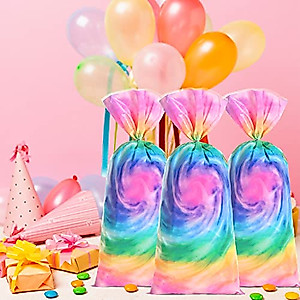 GITMIWS 100 Pieces Tie Dye Cellophane Bags, Rainbow Color Cellophane Goodie Bags for Birthday Treat Bags, Party Favor Bags for Kids, Tie Dye Party Supplies, Tie Dye Birthday Party Decorations