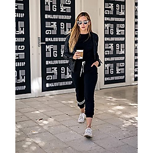 PRETTYGARDEN Women’s Summer Two Piece Outfits Striped Short Sleeve Pullover and Long Pants Tracksuit Pajama Lounge Jogging Set With Pockets (Black, Large)