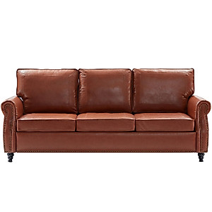 WILLOVE 79'' Faux Leather Sofa, Classic 3 Seater Leather Couch with Rolled Arm and Nailhead Trim, Mid-Century Modern Couch for Living Room, Apartment, Easy to Install, Tan Brown