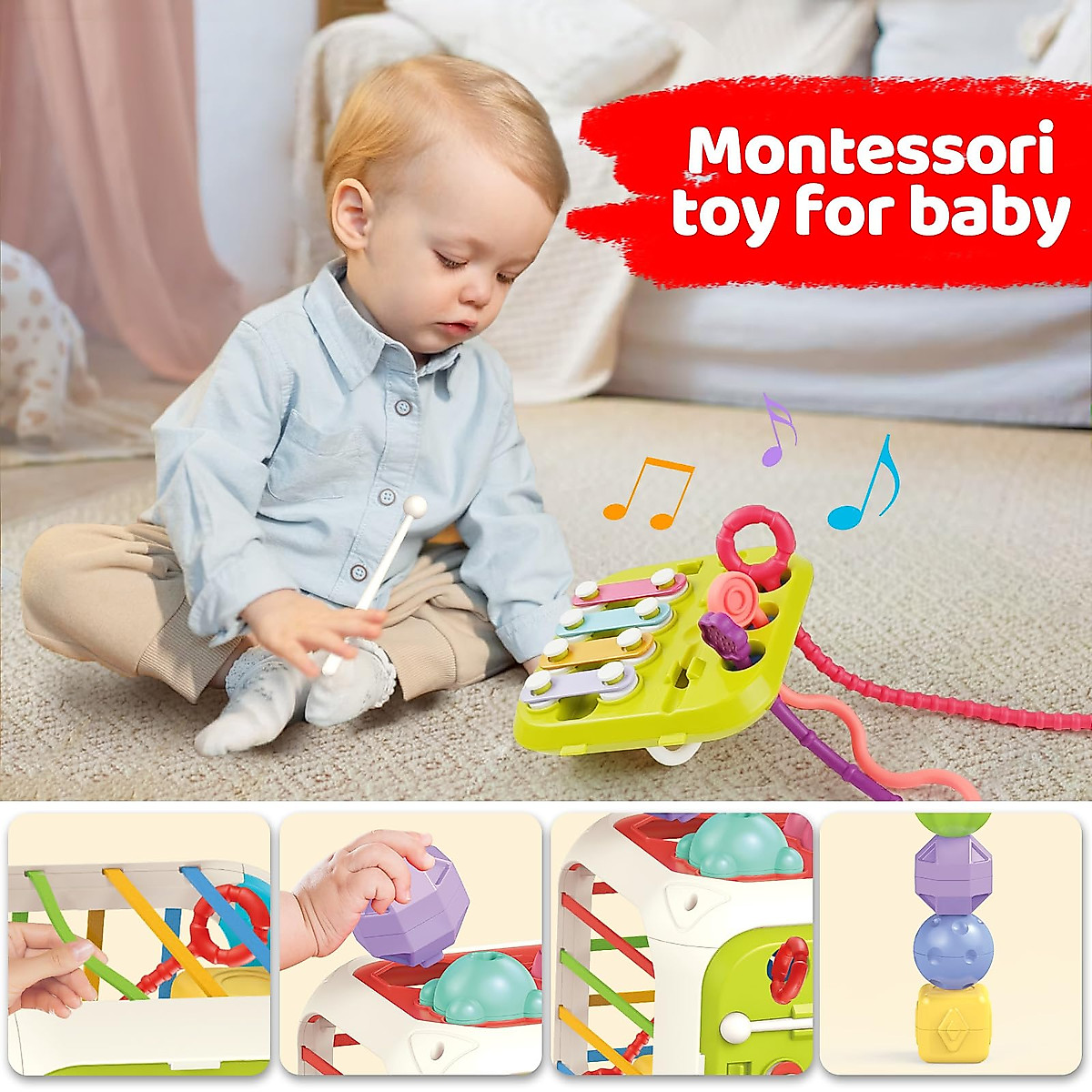 Innofans 5 in 1 Montessori Baby Toys for 3+ Year Old - Sensory Bins Toys, Travel Pull String Toy & Shape Sorter & Stacking Building Blocks & Suction Cup Spinner Toys, Birthday for Baby