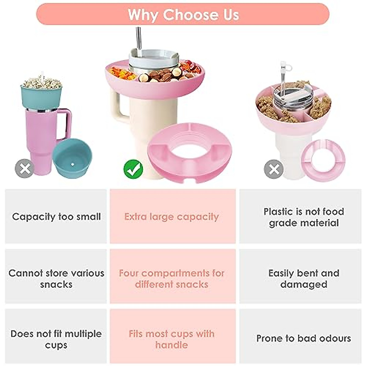 Snack Tray for Stanley 40 oz Tumbler with Handle, Upgrade Silicone Reusable Snack Bowl with 4 Compartments, Snack Bowl for Stanley Cup 40oz with Handle, Snack Tray for Stanley Cup Accessories (Pink)
