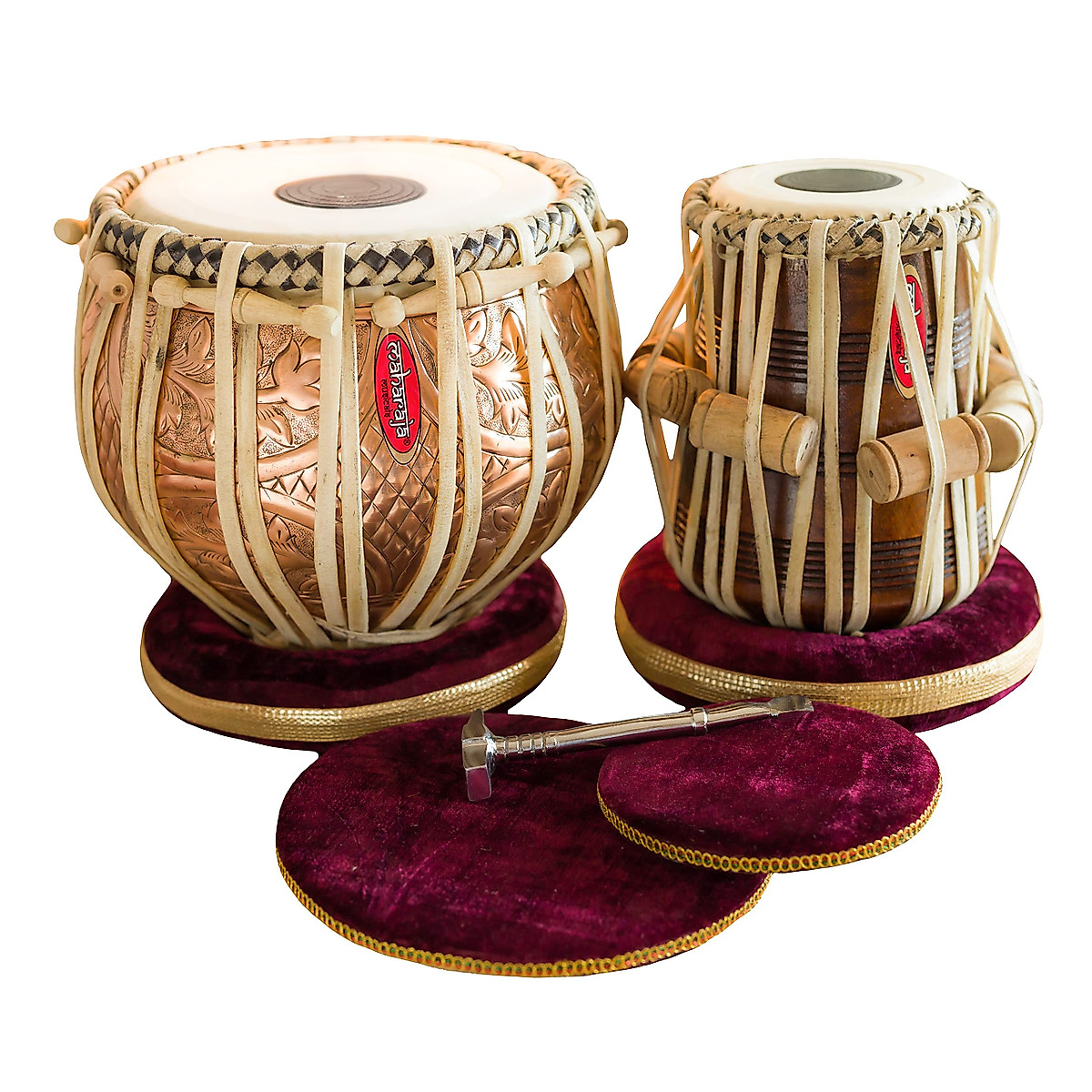 Tabla Drum Set by Maharaja Musicals, Professional, 3.5 Kg Copper Bayan - Designer Carving, Sheesham Tabla Dayan, Padded Bag, Hammer, Cushions, Cover, Tabla Musical Instrument (PDI-CJH)