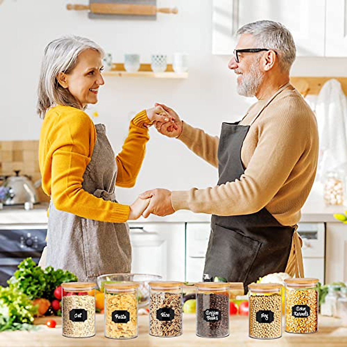 BGraceyy Glass Jars with Bamboo Lids, 20 oz 12 Pcs Kitchen Glass Containers with Bamboo Lids, Stackable Glass Pantry Storage Containers with Lids for Rice, Candy, Sugar, Flour, Nuts, Cookie, Bean