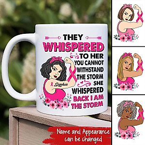 GERBERA STORY - Custom Breast Cancer Awareness Coffee Mug Personalized Breast Cancer Gifts For Women Cancer They Whispered to Her You Can't Withstand The Storm Mug 11oz or 15oz