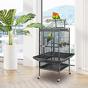 SUPER DEAL PRO 61-inch 2in1 Large Bird Cage with Rolling Stand Playtop Parrot Chinchilla Finch Cage Macaw Conure Cockatiel Cockatoo Pet House Wrought Iron Birdcage, Black