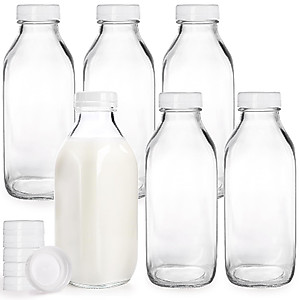 Bekith 6 Pack Liter Glass Milk Bottles with Airtight Screw Lid, 32 Oz Glass Juice Bottles, Reusable Glass Beverage Drinking Jar Juice Container for Milk, Honey, Jam (Extra 6 Lid with Silicone Gasket)