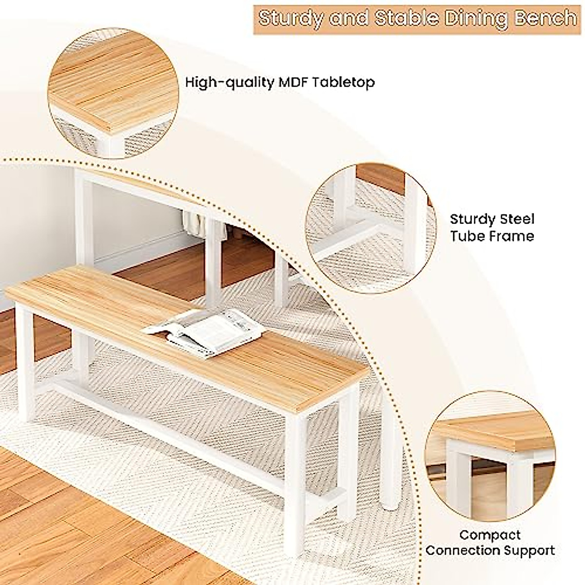 Recaceik Dining Benches, 39 Inch Table Benches, Pair of 2 Benches for Dining Room, Kitchen, Entryway, Bedroom, Industrial Small Bench Kitchen Bench with Metal Legs, Easy to Assemble, Walnut