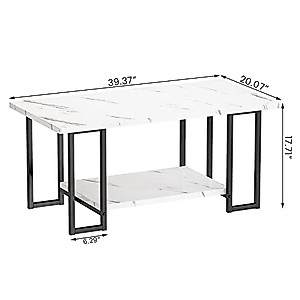 AWQM Marble Coffee Table, Faux Marble Top Rectangular Coffee Table with Black Metal Frame, 2 Tier Living Room Table for Living Room, Office, Balcony, White, 40 Inch