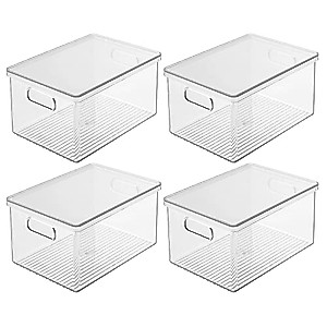 mDesign Plastic Storage Bin Box Container, Lid, Built-in Handles, Organization for Makeup, Hair Styling Tools, Accessories in Bathroom Cabinet, Cupboard Shelves, Ligne Collection, 4 Pack, Clear/Clear