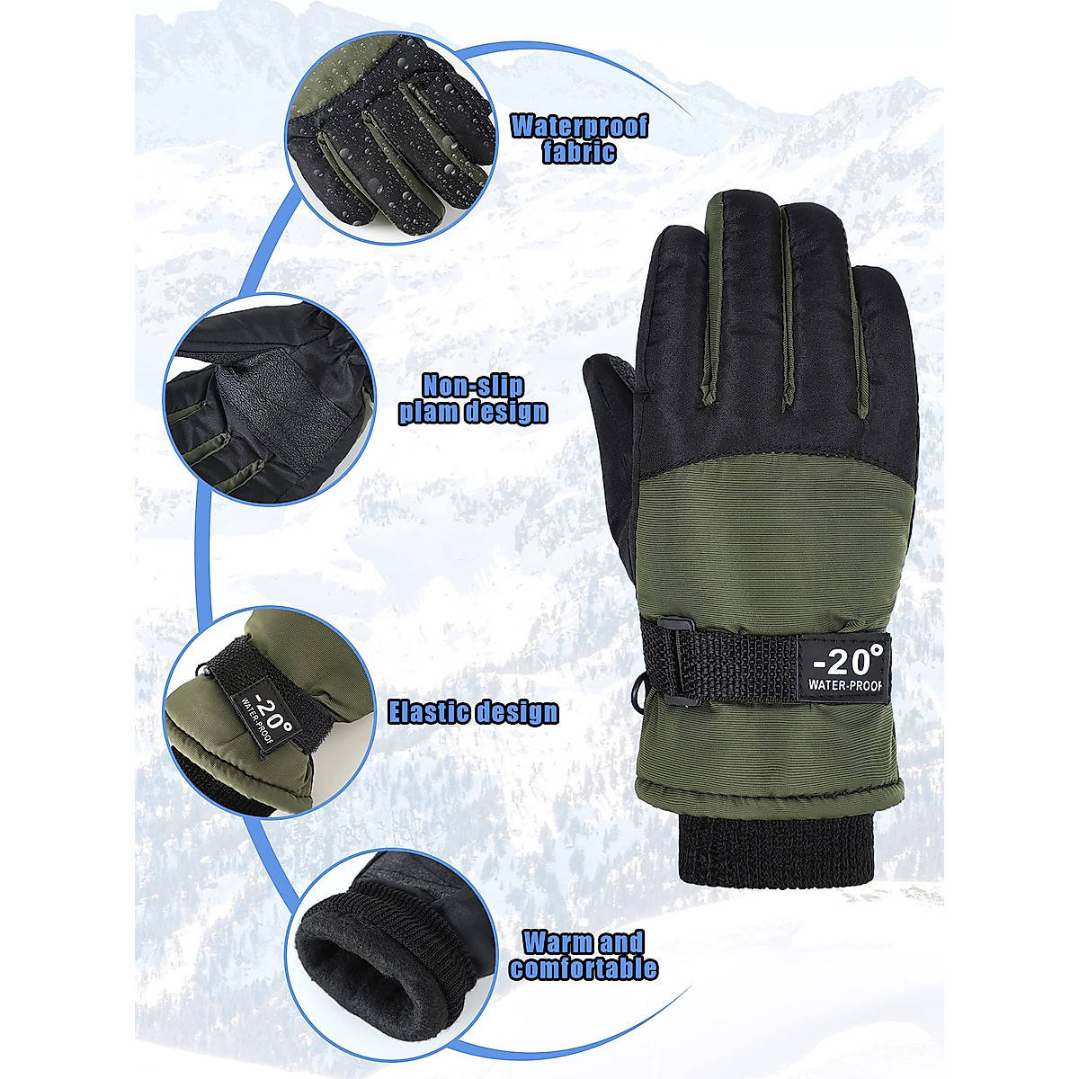 SATINIOR 2 Pairs Kids Waterproof Winter Snow Gloves Ski Gloves for Boy Girl Outdoor Warm Thickening Snowboard(Purple, Dark Green,6-10 Years)