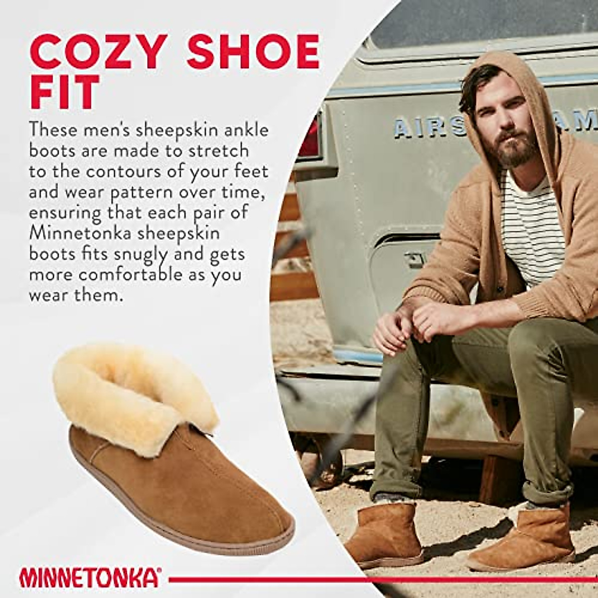 Minnetonka Mens Sheepskin Ankle Boot Slipper Tan Size 10