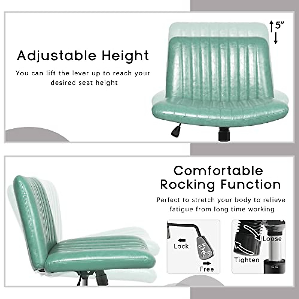 PUKAMI Armless Desk Chair No Wheels with Ottoman&Lumbar Support,PU Leather Padded Modern Swivel Home Office Chair,Height Adjustable Wide Seat Cross Legged Computer Task Chair for Living Room (Tiffany)