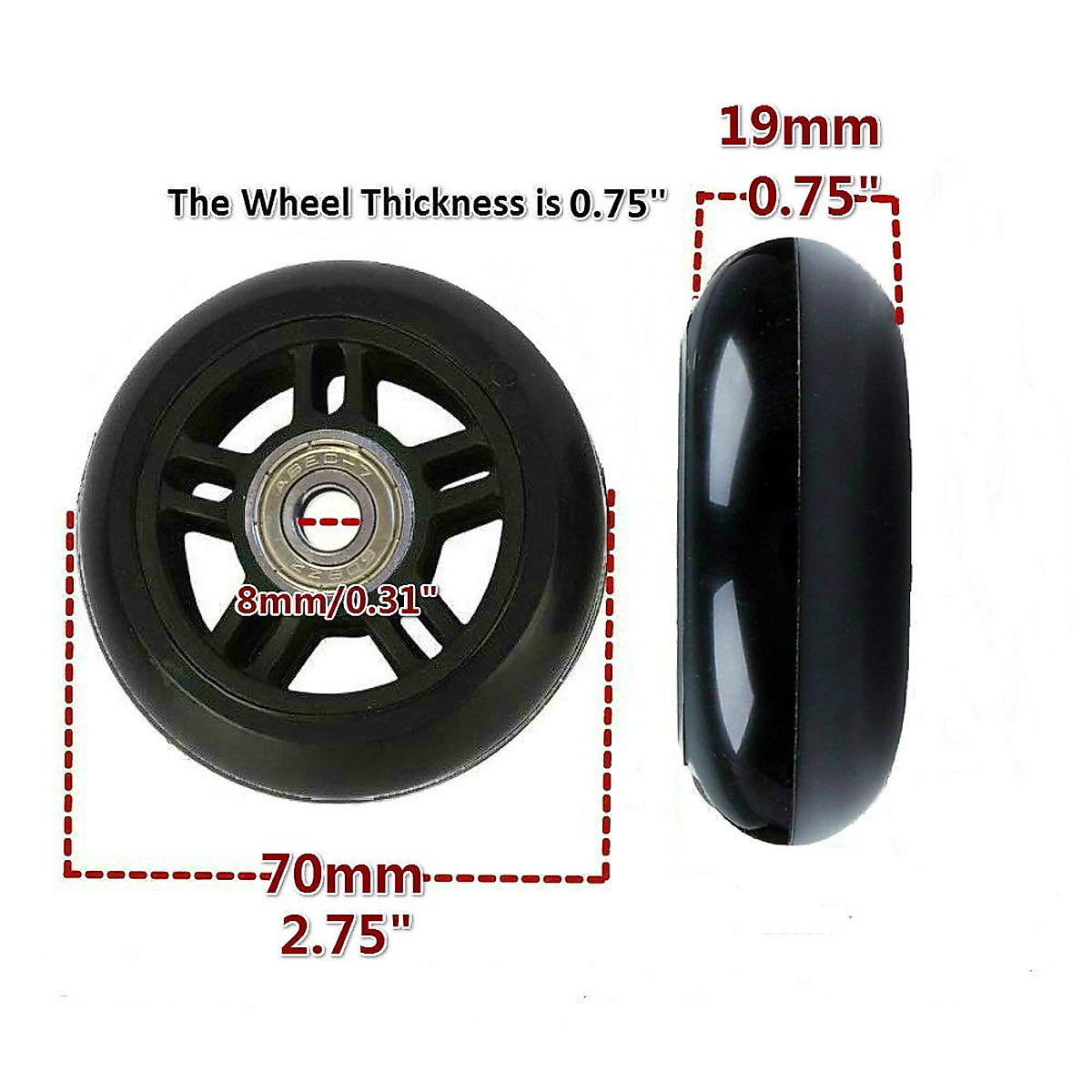 ORO 1 Pair Luggage Wheels Replacement 70mm Case Wheels with 8mm(0.31") Bearings Wheels for Suitcase and Inline Outdoor Skate and Caster Board (70 * 19mm)