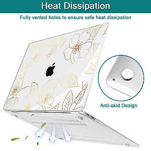 Teryeefi Compatible with 2018 2019 2020 MacBook Air 13 inch Case M1 Chip A2337 A2179 A1932 Retina Display Touch ID, Plastic Hard Shell & Keyboard Cover & Screen Protector,Gold Floral leaf