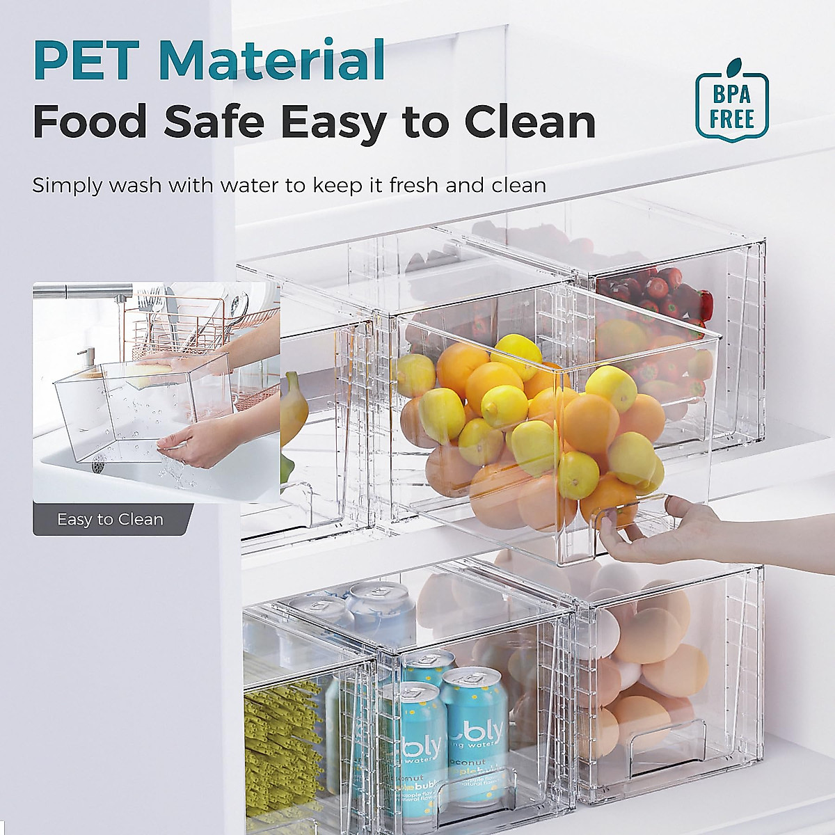 oylik 4 Pack Large Acrylic Drawer Organizer, Stackable Storage Drawers, BPA Free Food Storage Containers, Kitchen Cabinet Pantry, Fridge, Under Sink Organization (Total Capacity 12.2QT)