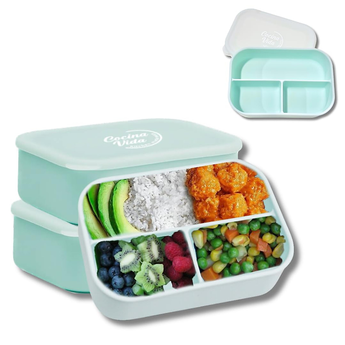 Cocina Vida 2 Pack Large Divided Food Storage and Meal Prep Containers - BPA Free Bento Box - Food Grade Silicone Lunch Box, 3 Compartment Leak Proof - 48 Ounce/1400 ml