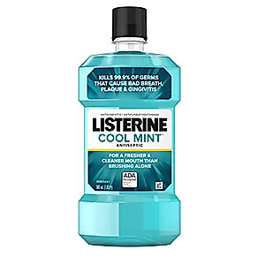Listerine Cool Mint Antiseptic Oral Care Mouthwash to Kill 99% of Germs That Cause Bad Breath, Plaque and Gingivitis, ADA-Accepted Mouthwash, Cool Mint Flavored Oral Rinse, 500 mL