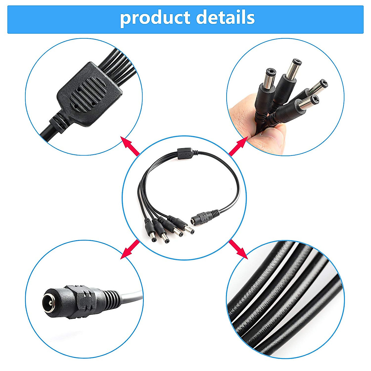 SAISN DC Power Y Splitter Cable 1 Female to 4 Male Plug for CCTV Camera (1 to 4)