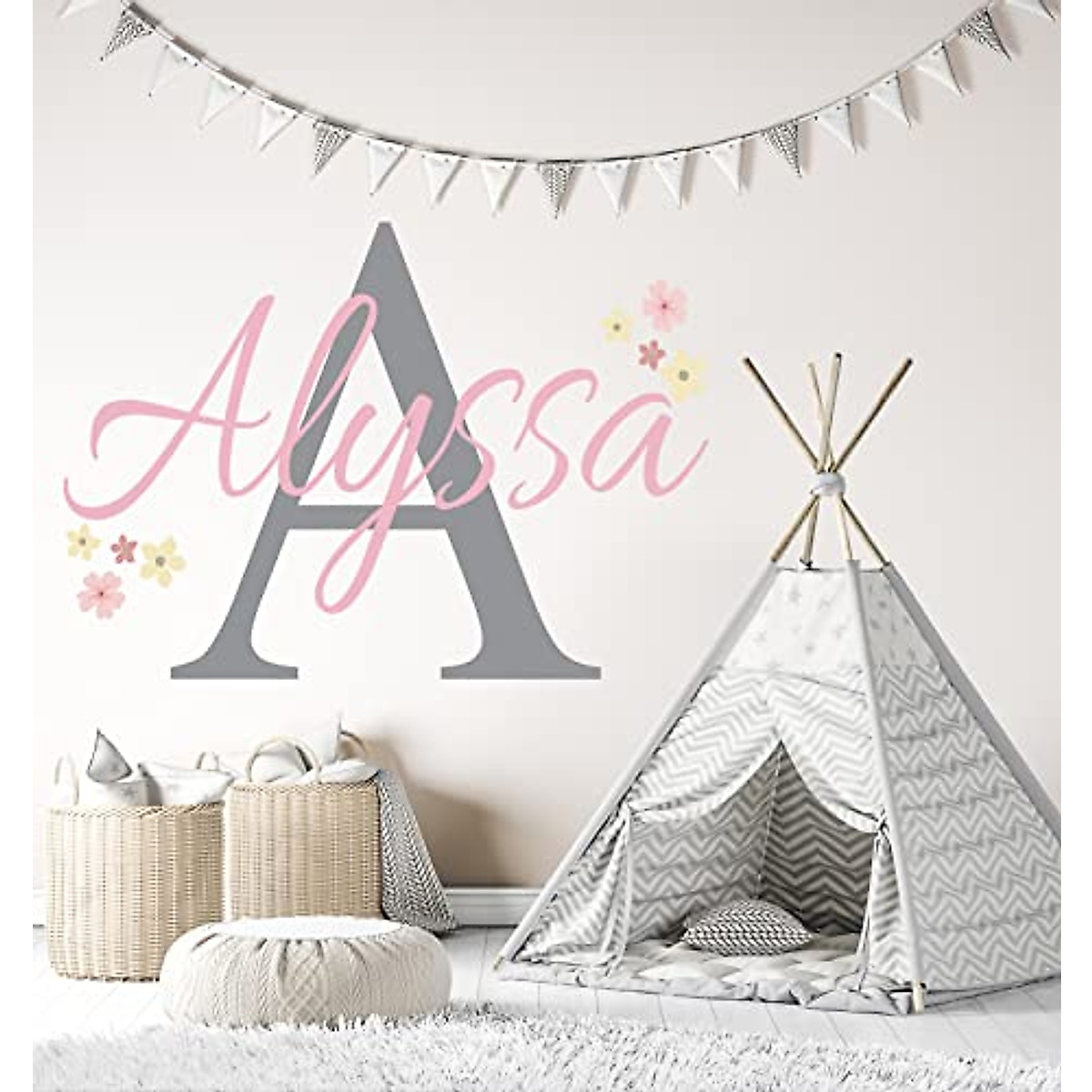 CuteDecals Custom Name and Initial with Flowers Wall Decal - Personalized & Art Mural Girls Decor Stickers for Nursery Bedroom Decoration (Mini Wide 16 inchx10 inch Height)