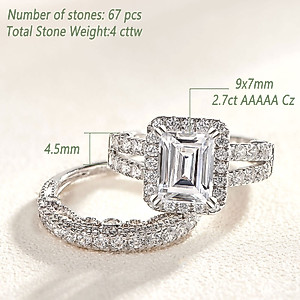 Wuziwen 4 Carat Emerald Cut Sterling Silver Engagement Rings Wedding Ring Set for Women CZ Size 8