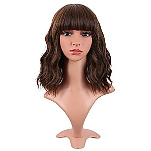 MapofBeauty 14 Inch/35 cm Short Wavy Curly Women Fresh Bright Synthetic Ordinary Flat Bangs Bob Wig (Brown)
