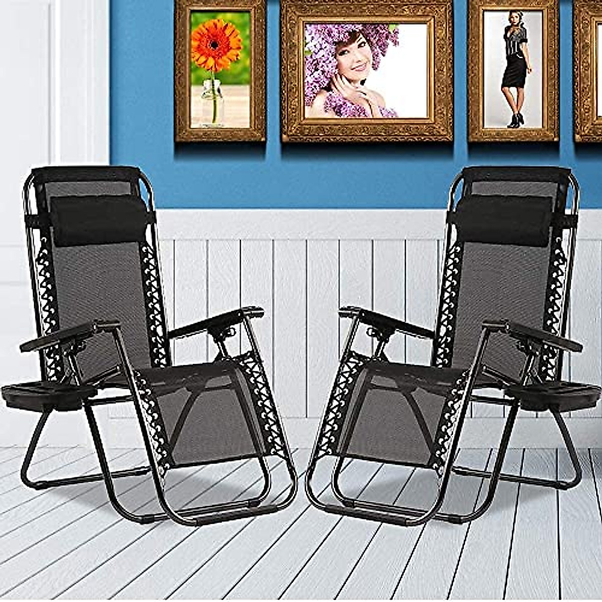 Outdoor Zero Gravity Chair 2 Pack, Folding Lounge Chair Recliners Indoor Outdoor Furniture Adjustable Camping Chair Backyard Chair Deluxe Loveseats w/Pillow and Cup Holder Tray, Black