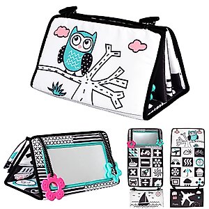 AIPINQI Tummy Time Floor Mirror,High Contrast Developmental Montessori Sensory Crawling Toy for Newborn,Flip for Art Black and White Floor Activity Mirror for Infant with Teether (owl)