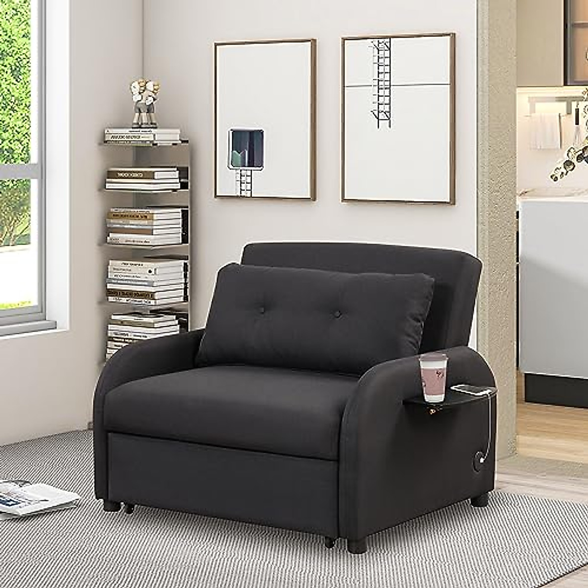 3-in-1 Pull Out Sleeper Couch Bed Adjustable Backrest Single Recliner for Lounge, and USB Charge for nap line Fabric for Lounge, Reading, Sleeping, Black