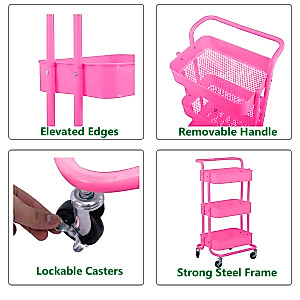 3-Tier Metal Mesh Rolling Cart Storage Organizer with Utility Handle and Wheels, Pink