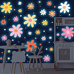 Glow in The Dark Big Daisy Wall Decals，Glowing Luminous Daisy Wall Stickers Colorful Removable self-Adhesive Flower Decals for Girls Bedroom Kids Baby Nursery Living Room Decoration