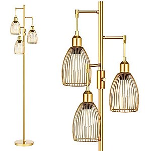 Dimmable Floor Lamp, Industrial Floor Lamps for Living Room, Gold Tree Lamp Standing Lamp Tall Lamps with 3 Elegant Teardrop Cage Head & 800 Lumens LED Bulbs for Living Room Bedroom Office