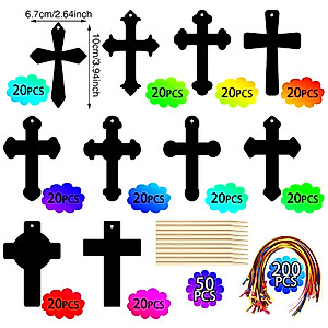 Chivao 80 Pcs Easter Scratch Cross Ornaments Rainbow Color Craft Kit DIY Scratch Paper Christian Gifts for Kids Sunday School Crafts Kids' Paper Craft Kits for Girls Boys with Wood Sticks Ribbons