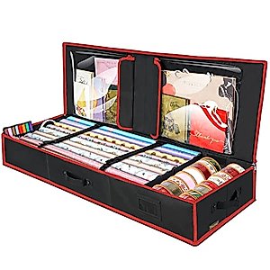 BALEINE Christmas Wrapping Paper Storage Organizer with Flexible Partitions and Pockets, 40" Durable 600D Oxford Fabric Gift Wrap Storage Bag Fits Ribbon, Ornaments, Holiday Accessories (Black/Red)