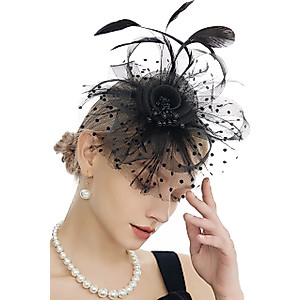 Myjoyday Women's Fascinators, Feathers Tea Party Hat, Veil Headband with Hair Clip for Cocktail Church (Black)
