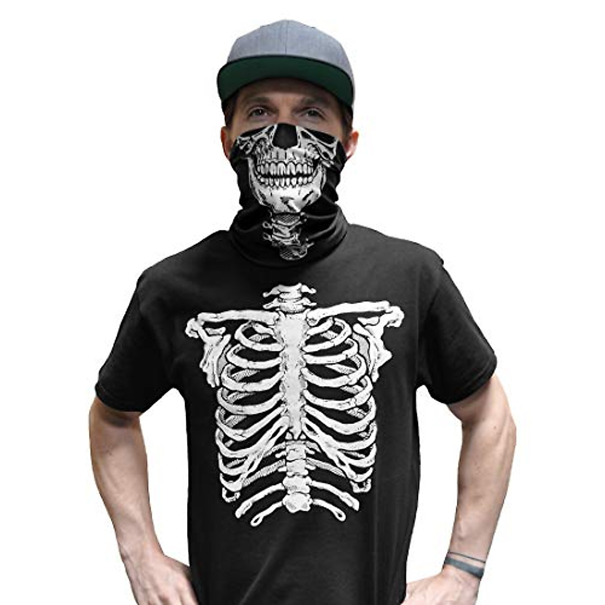 Glow in The Dark Skeleton T-Shirt with Face Skull Mask Bandana Balaclava Neck Gaiter Halloween Costume for Men, Women, Adults