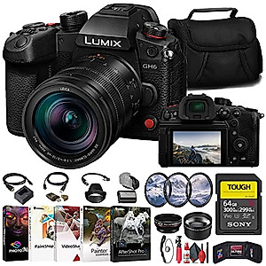 Panasonic Lumix GH6 Mirrorless Camera with 12-60mm f/2.8-4 Lens (DC-GH6LK) + Sony 64GB Tough SD Card + Filter Kit + Wide Angle Lens + Telephoto Lens + Lens Hood + Card Reader + More (Renewed)