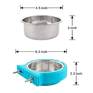 Crate Dog Bowl Removable Stainless Steel Water Food Feeder Bowls Cage Coop Cup for Cat Puppy Bird Pets (Small, Blue with Corrugated Clip)